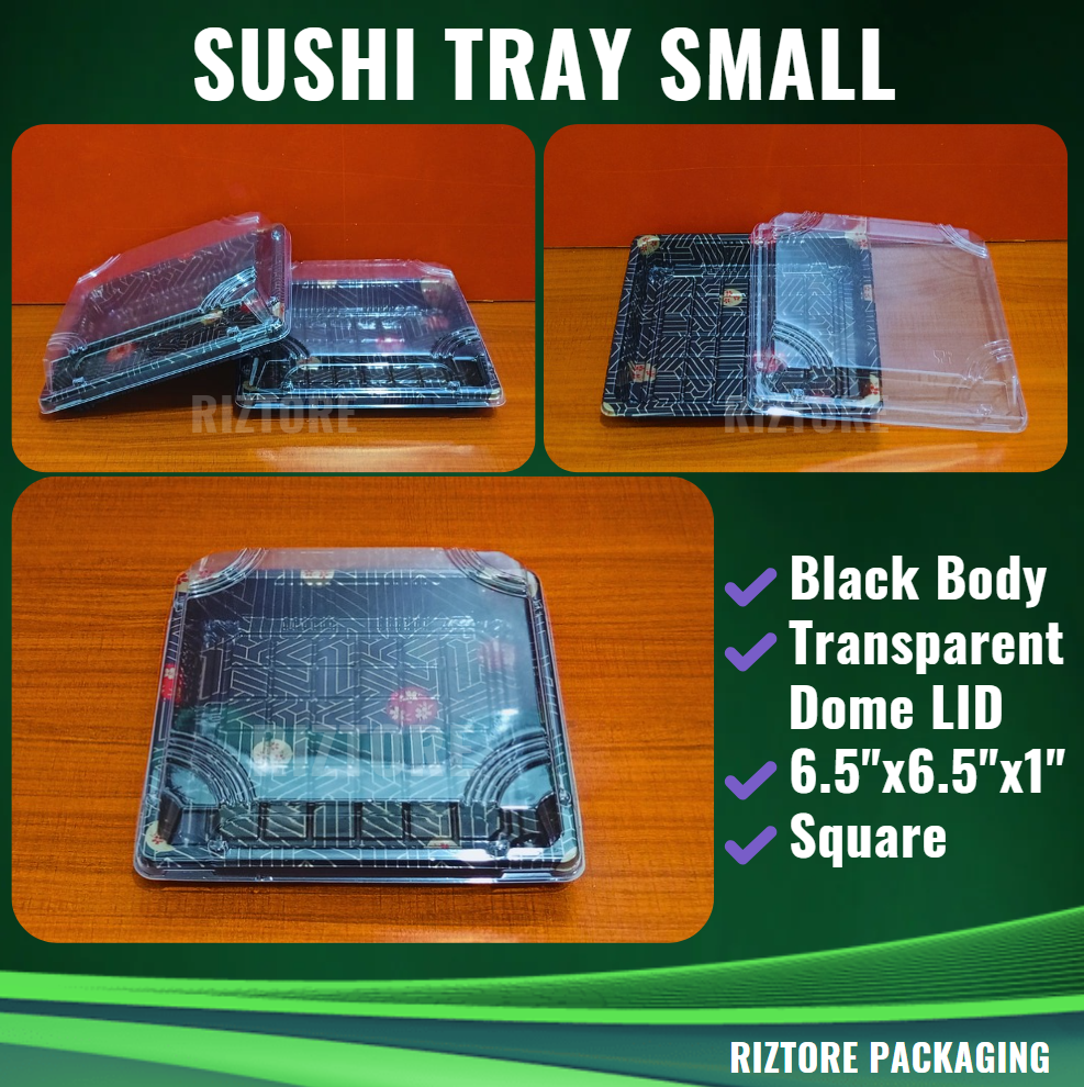 Sushi Tray Square Black Body with Dome LID (Small, Medium and Large ...